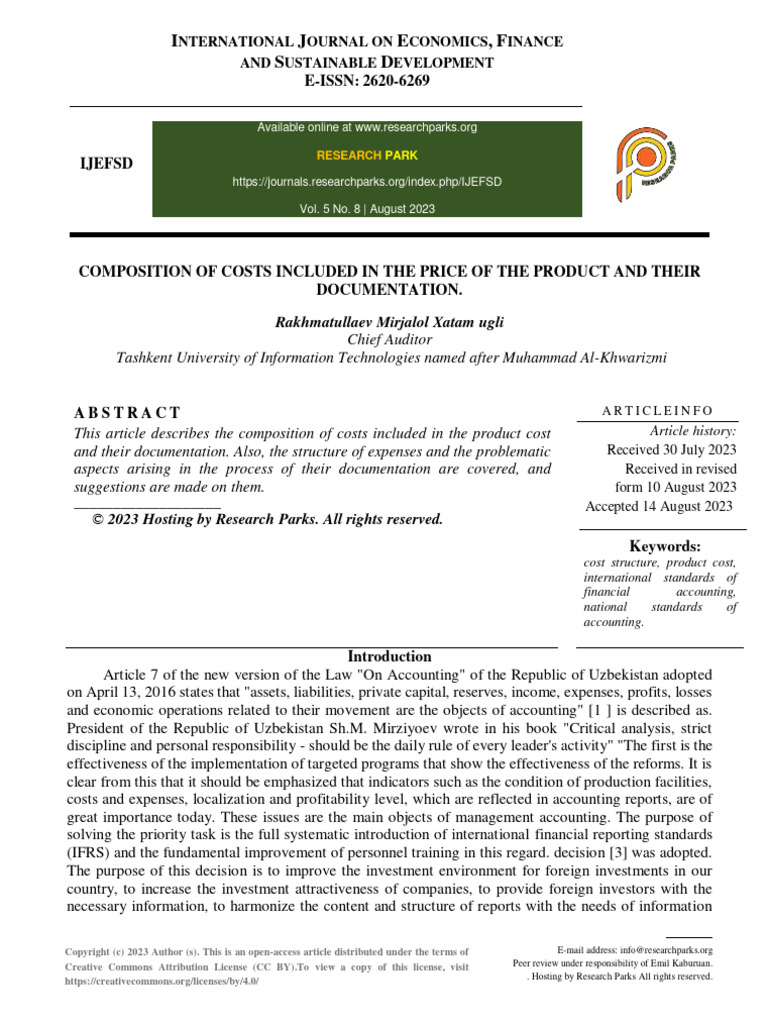 Composition of Costs Included in The Price of The Product and Their ...