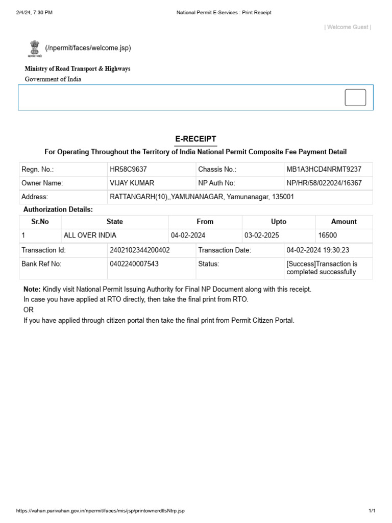 National Permit E-Services - Print Receipt | PDF