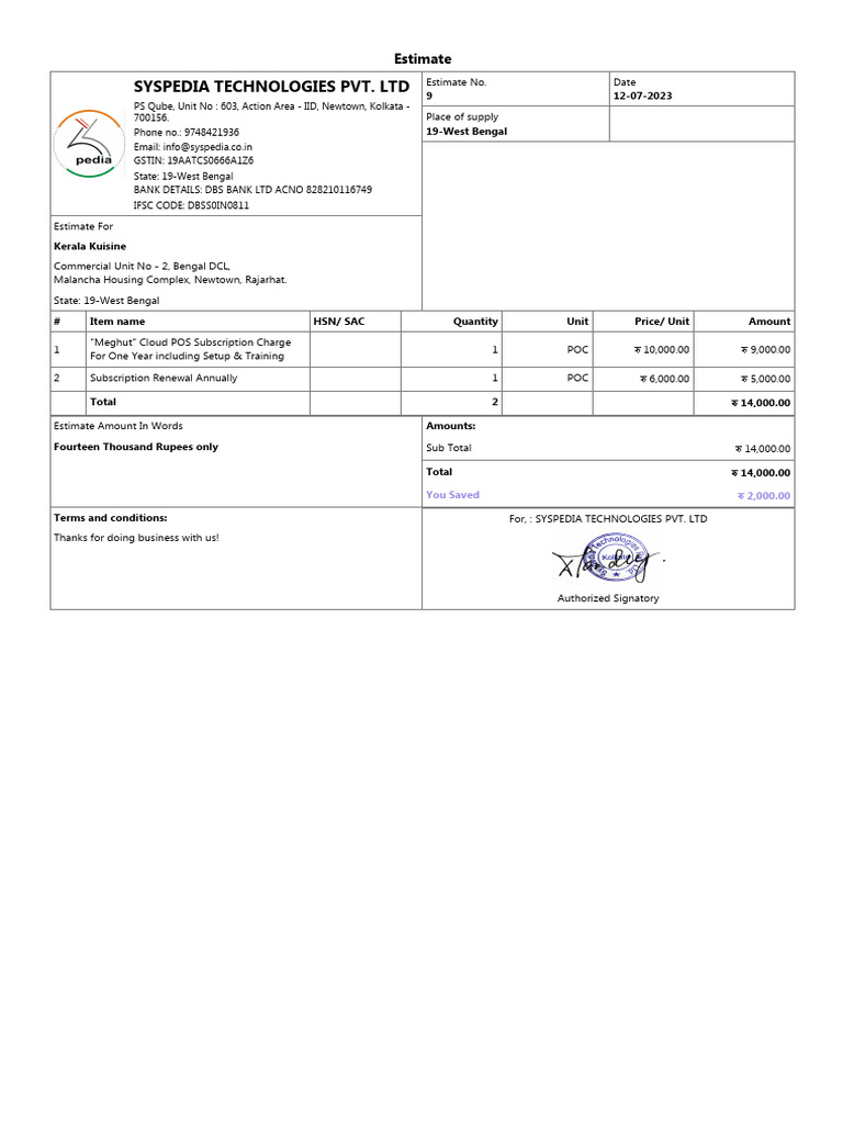 Estimate - Kerala Kuisine | PDF | Rupee | Economy Of India