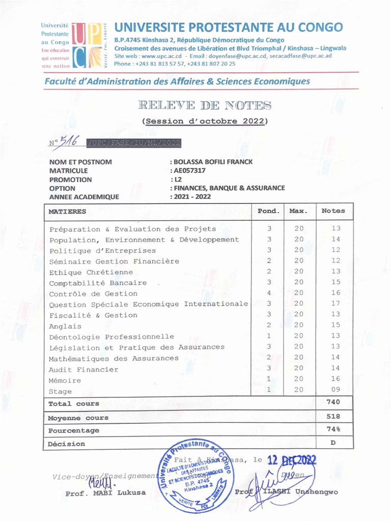 Relévé de Notes L2 | PDF