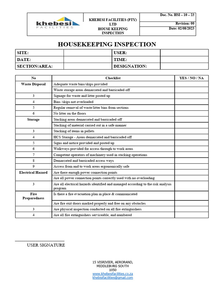 House Keeping Inspection Checklist | PDF | Pollution | Waste