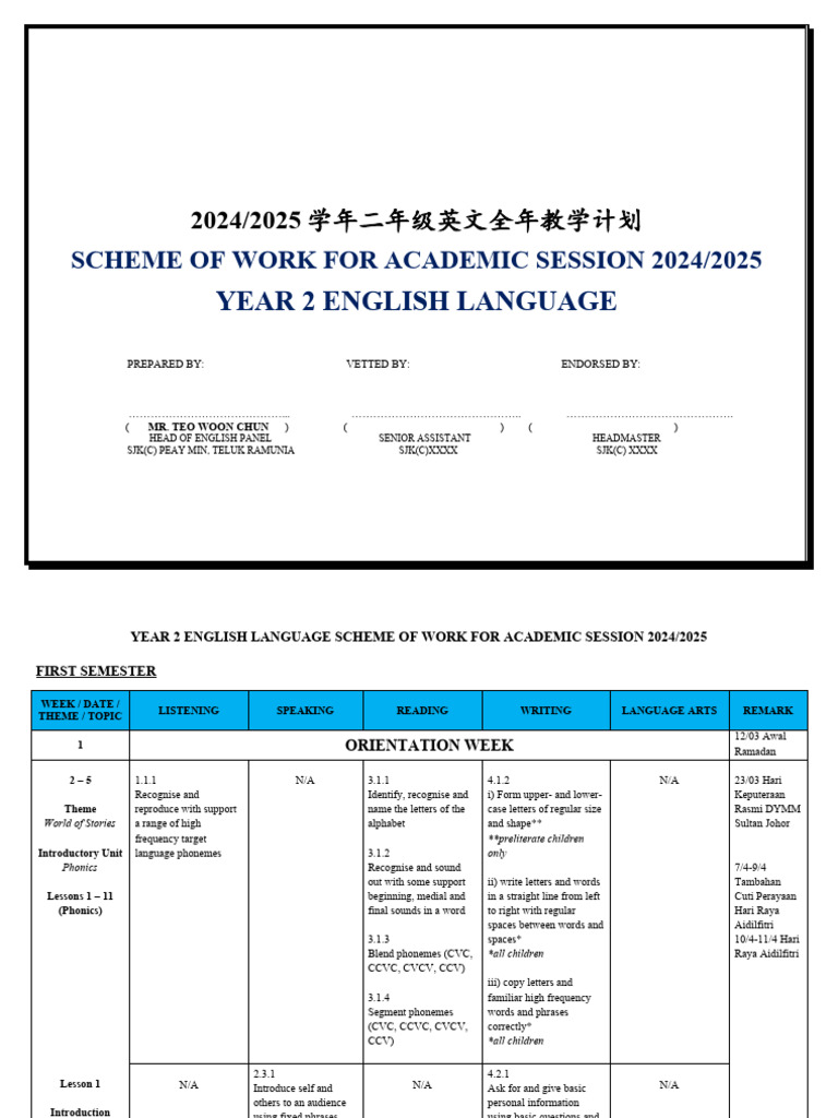 2024/2025年华小二年级英文全年教学计划 RPT Year 2 English Language SJKC 2024/2025 ...
