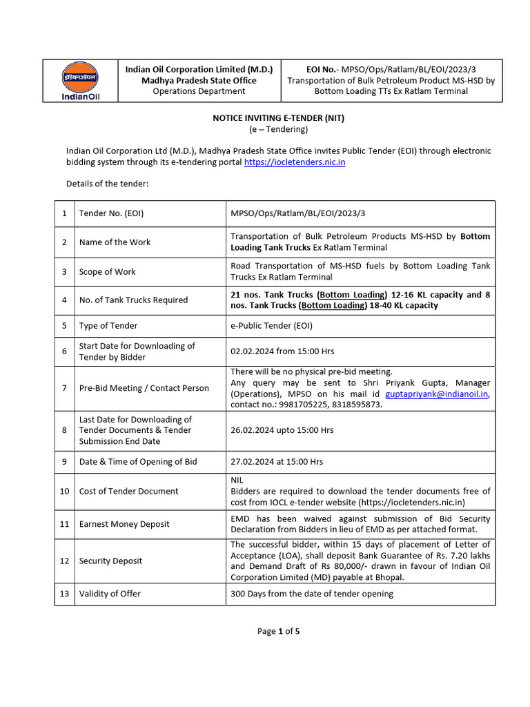 Tender Notice Ioc L | PDF