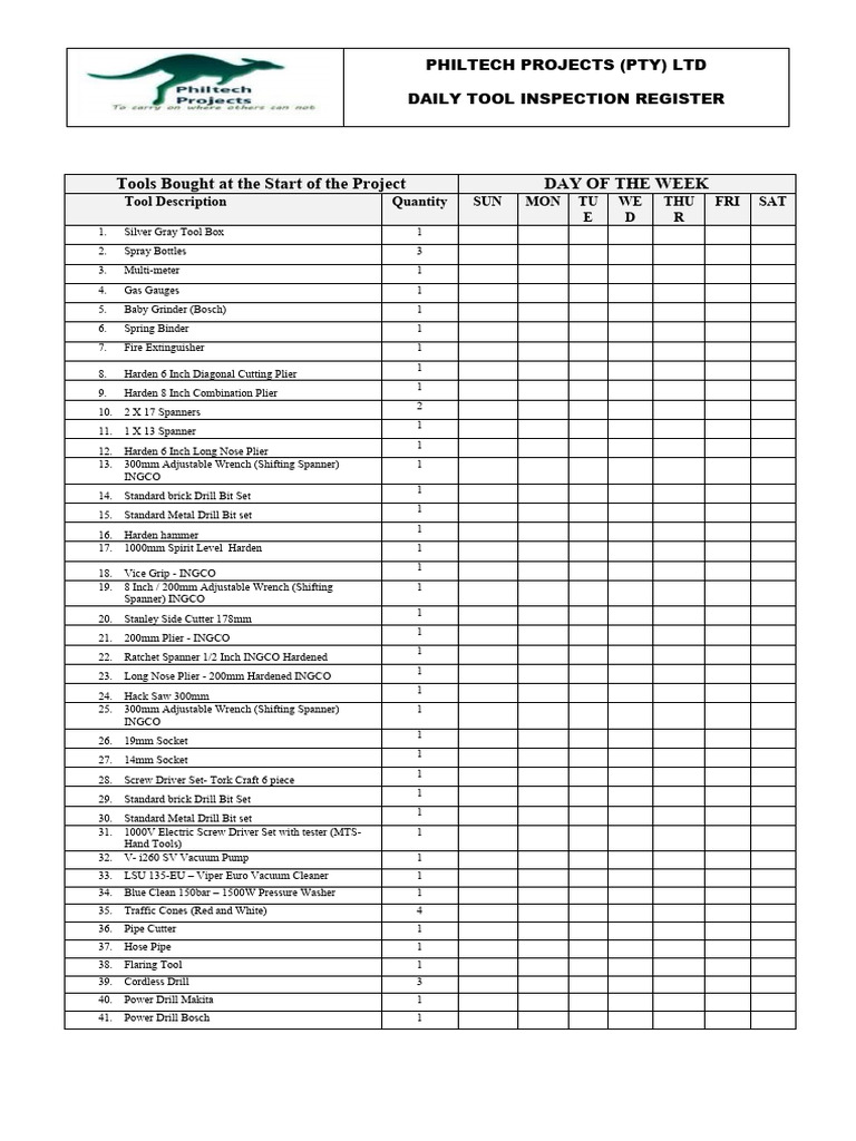 Daily Tool Inspection Register | PDF | Drill | Manufactured Goods