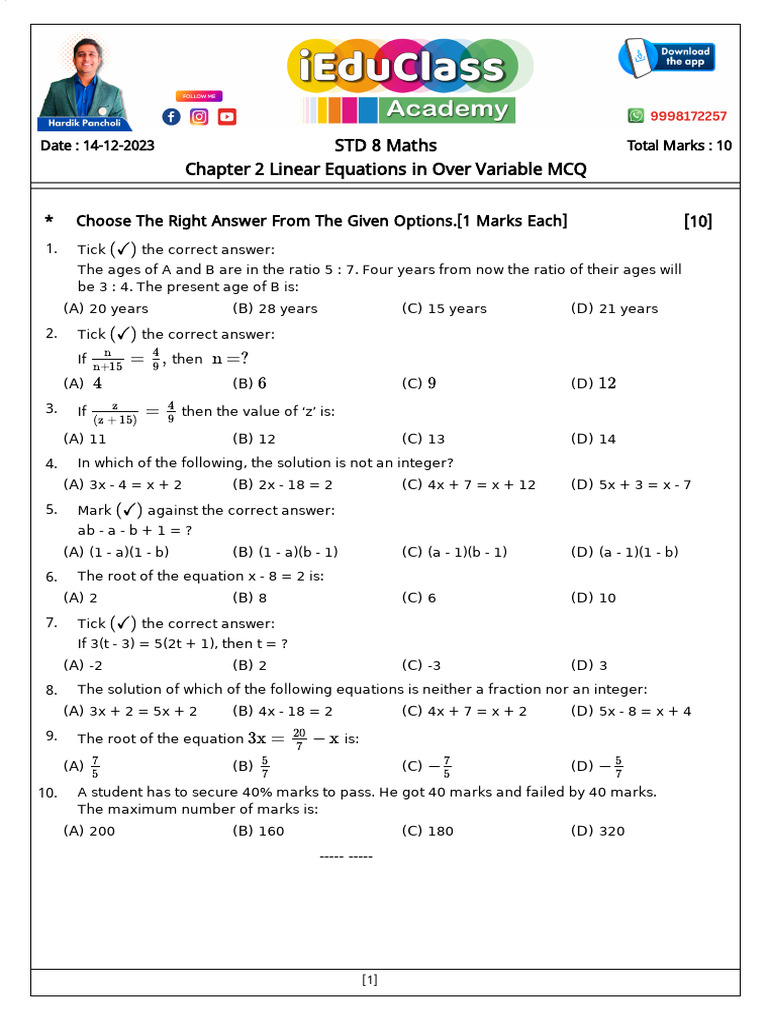 Chapter 2 Linear Equations in Over Variable MCQ | PDF | Equations ...