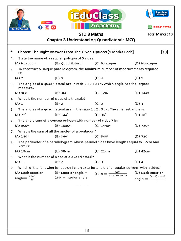 Chapter 3 Understanding Quadrilaterals MCQ | PDF | Polygon | Triangle