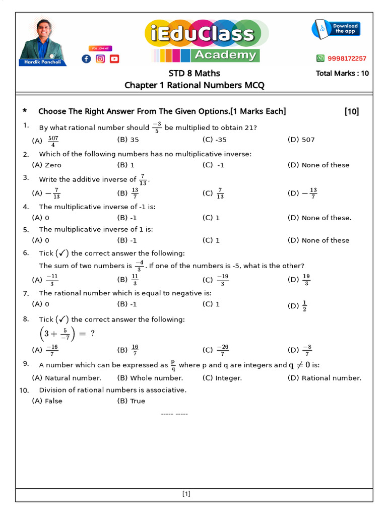Chapter 1 Rational Numbers MCQ | Download Free PDF | Integer | Rational ...