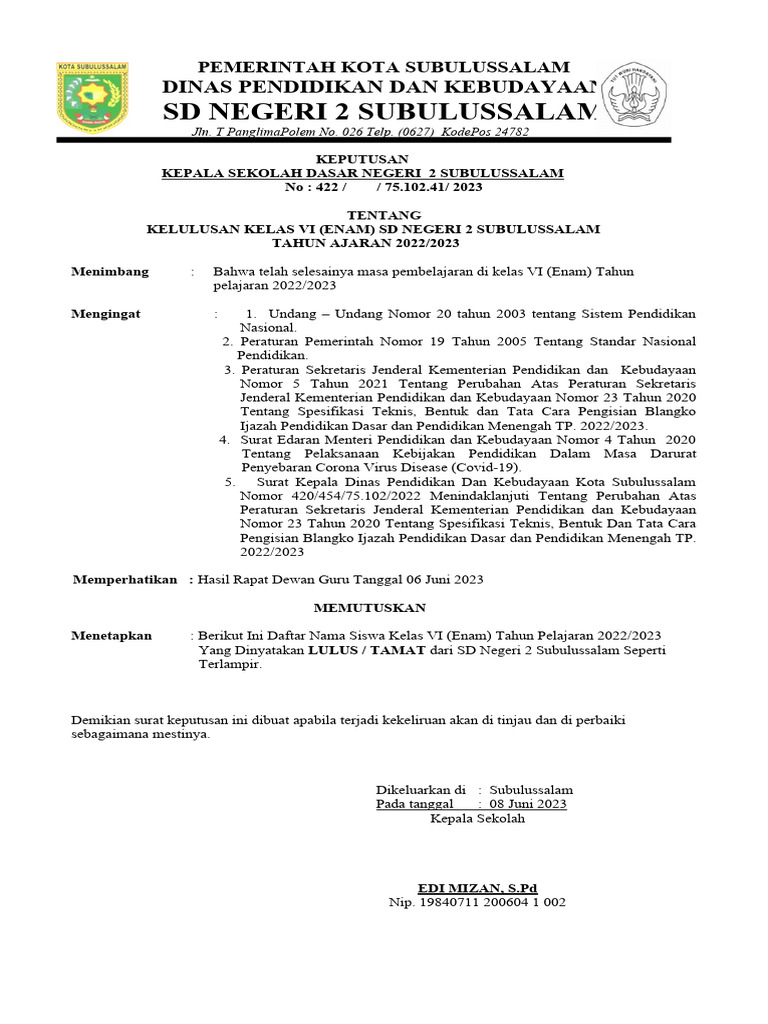SK Kelulusan Kelas 6 2022-2023 | PDF