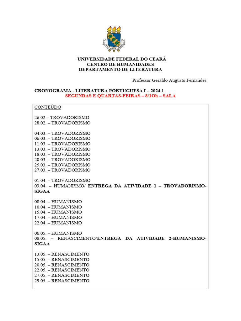 Cronograma Das Aulas de Literatura Portuguesa I, 2024.1. | PDF