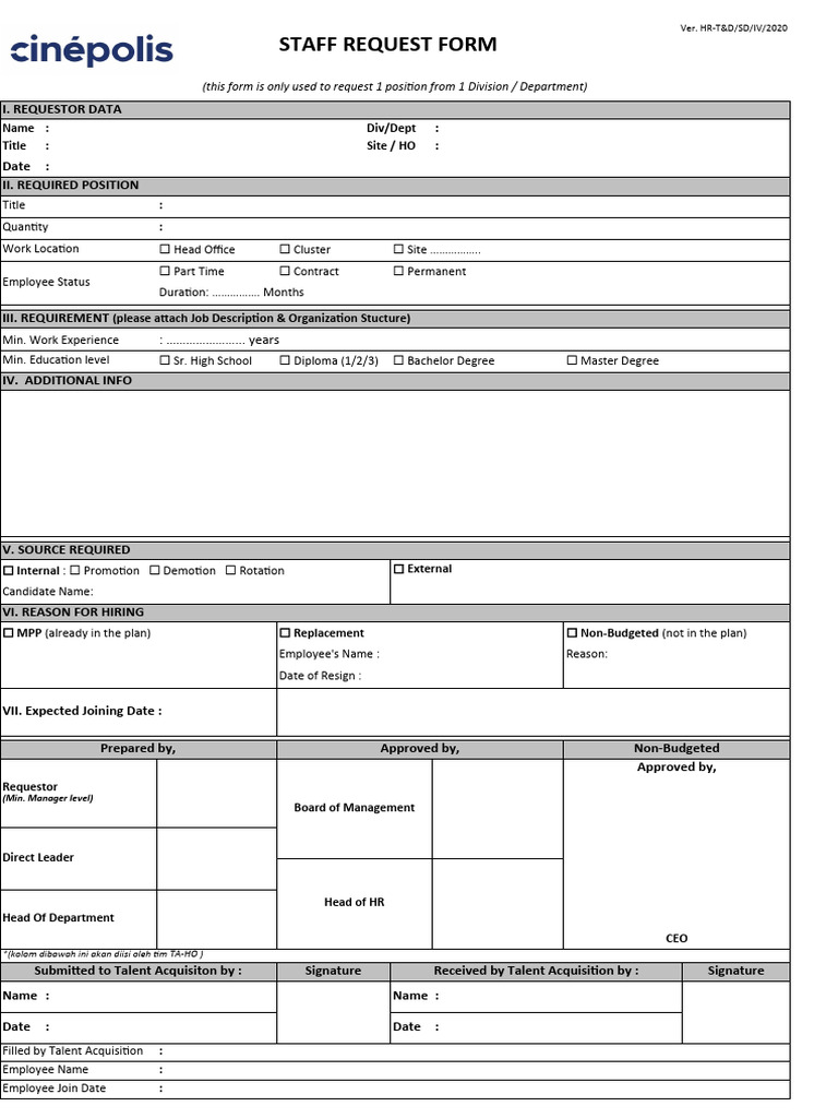 Staff Requisition Form Template | PDF | Qualifications | Employee Relations