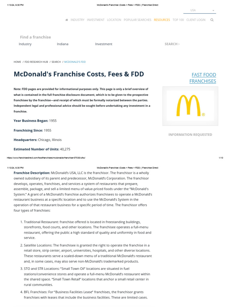 McDonald's Franchise (Costs + Fees + FDD) - Franchise Direct | PDF | Franchising | Mc Donald's