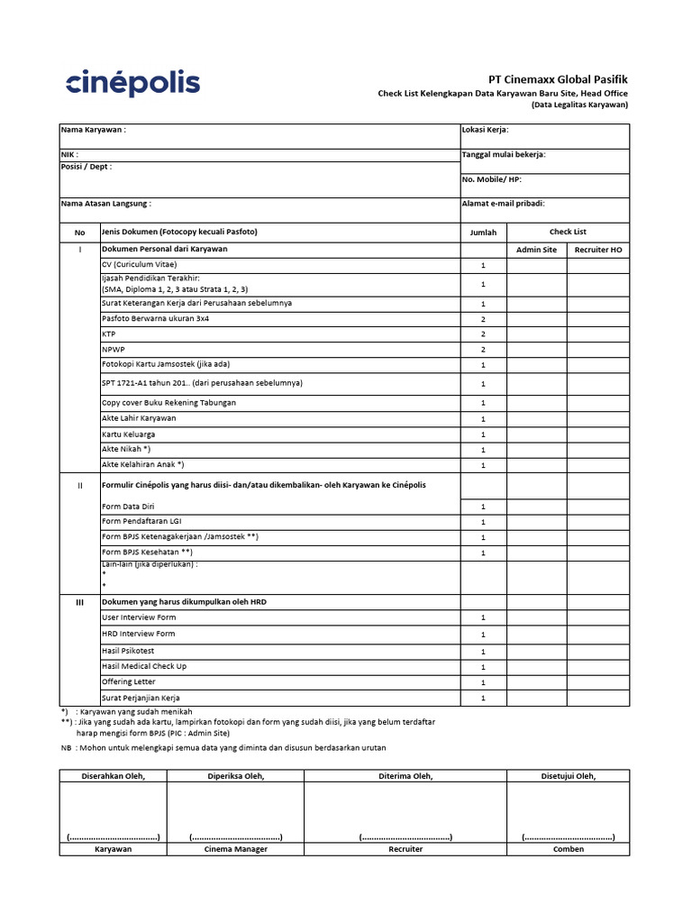 Check List Kelengkapan Data Karyawan Baru | PDF