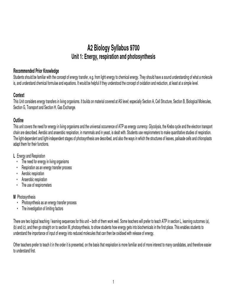 A2 Biology Syllabus 9700: Unit 1: Energy, Respiration and ...