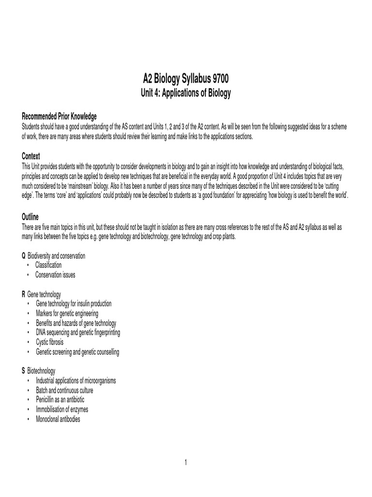 A2 Biology Syllabus 9700: Unit 4: Applications of Biology | PDF ...
