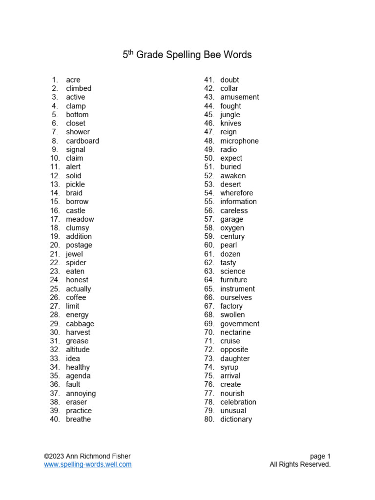 5th Grade Spelling Bee Word List | PDF