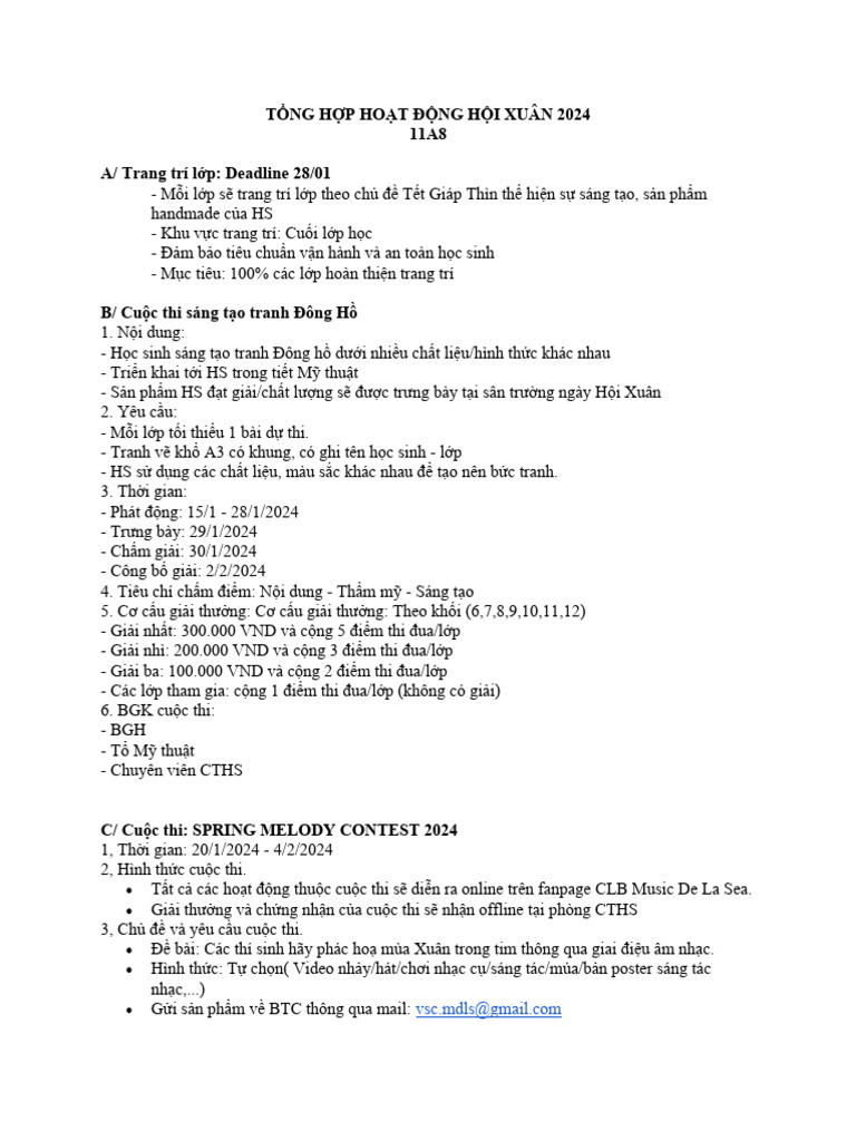 T NG H P Ho T Đ NG H I Xuân 2024 11A8 A/ Trang Trí L P: Deadline 28/01 | PDF