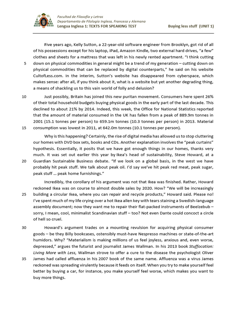 Buying Less Stuff, UNIT 1 | PDF