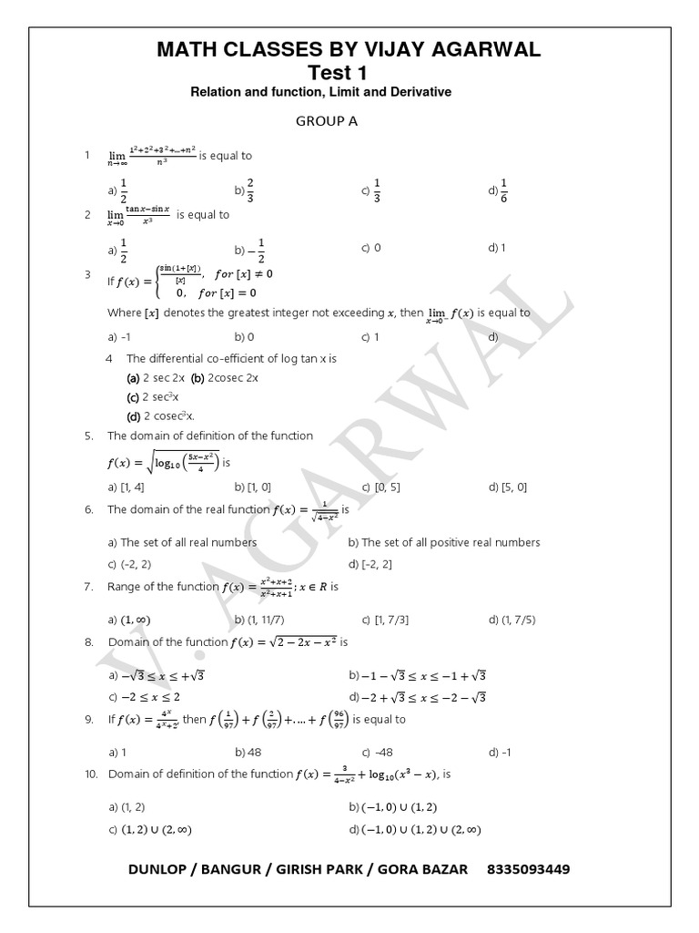 Math Test: Limits & Functions by Vijay Agarwal | PDF | Function ...