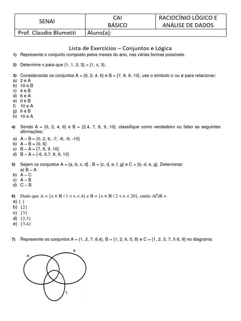 Exercícios de Lógica e Conjuntos | PDF | Lógica | Lógica matemática