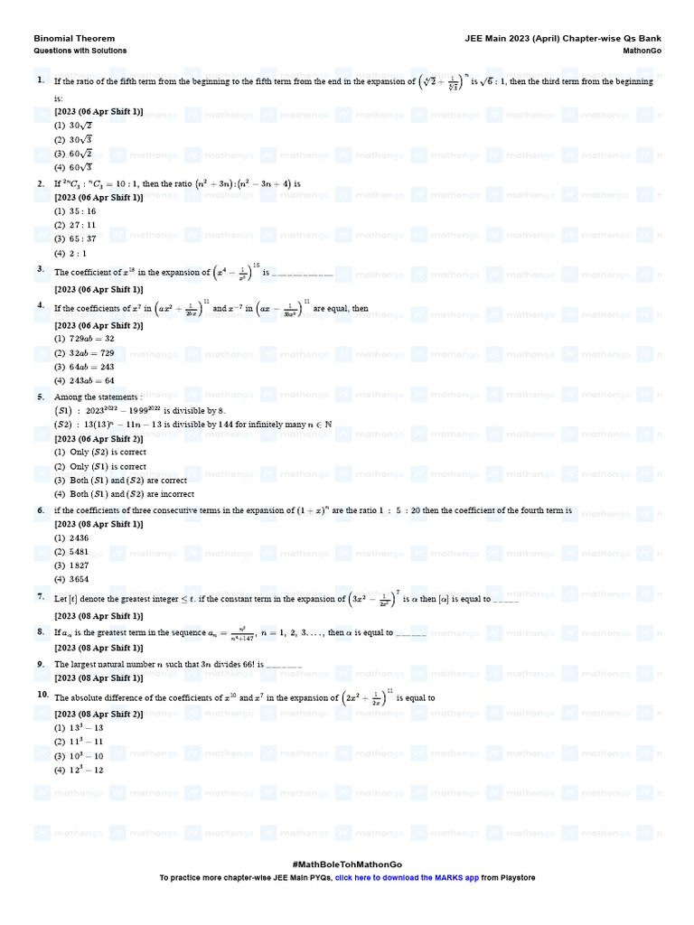 JEE Main 2023 April Binomial Questions | PDF | Numbers | Discrete ...