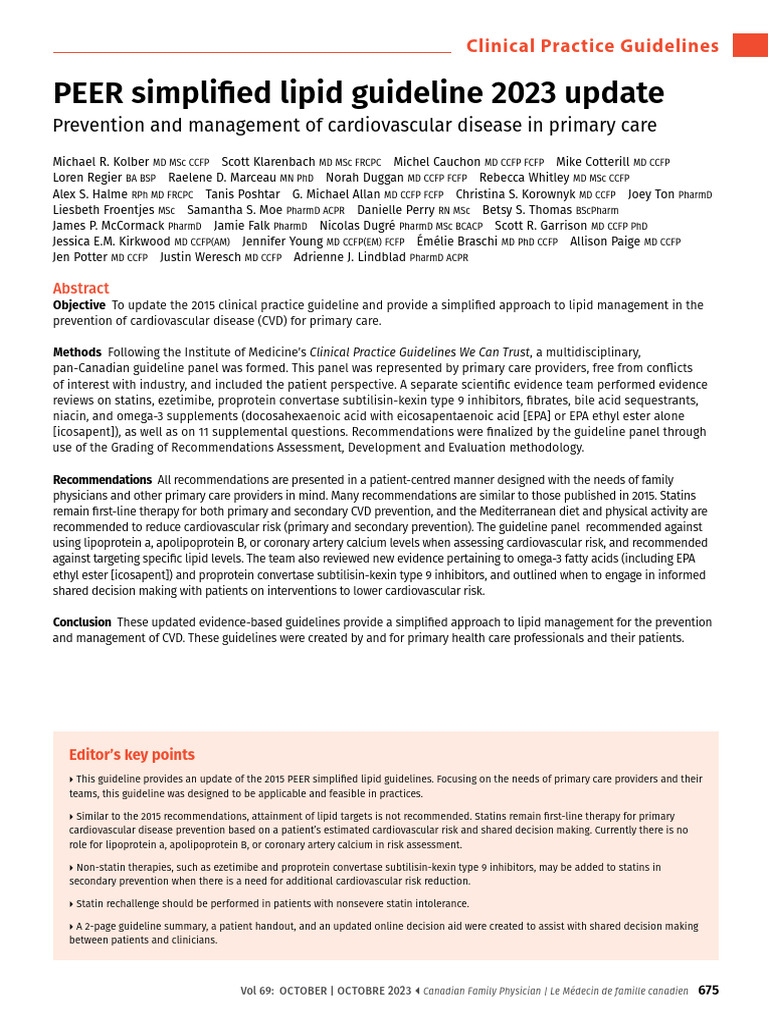 Canadian Lipid Guideline 2023 Pdf Cardiovascular Diseases Statin