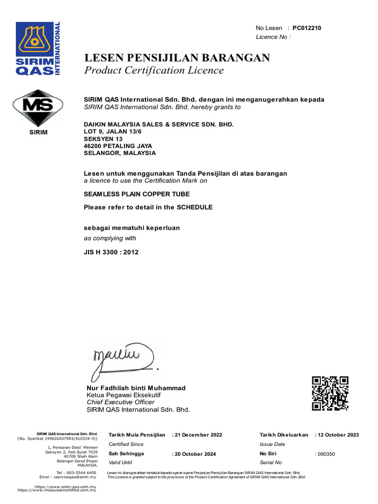 Sirim Cert 2023 (PC012210) | PDF