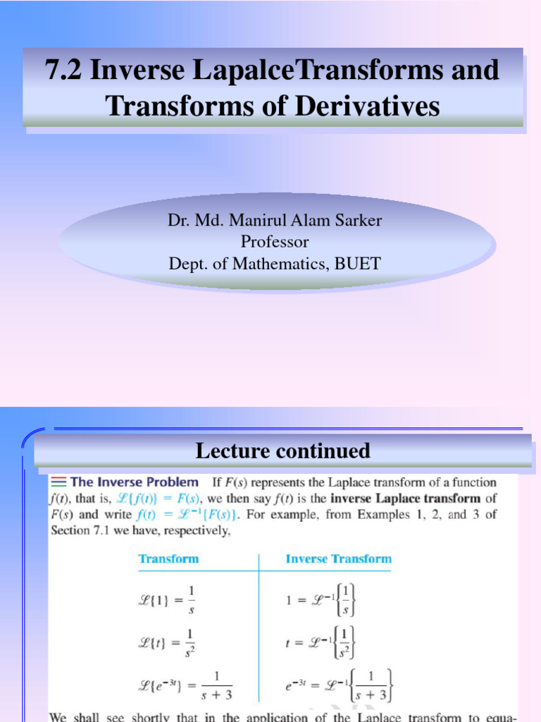 Lecture On The Inverse Laplace Transform N LT of Derivatives 7.2 | PDF | Harmonic Analysis ...
