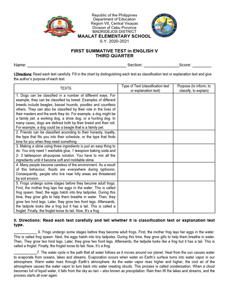 English Summative Test Q3 | PDF | Frog | Water