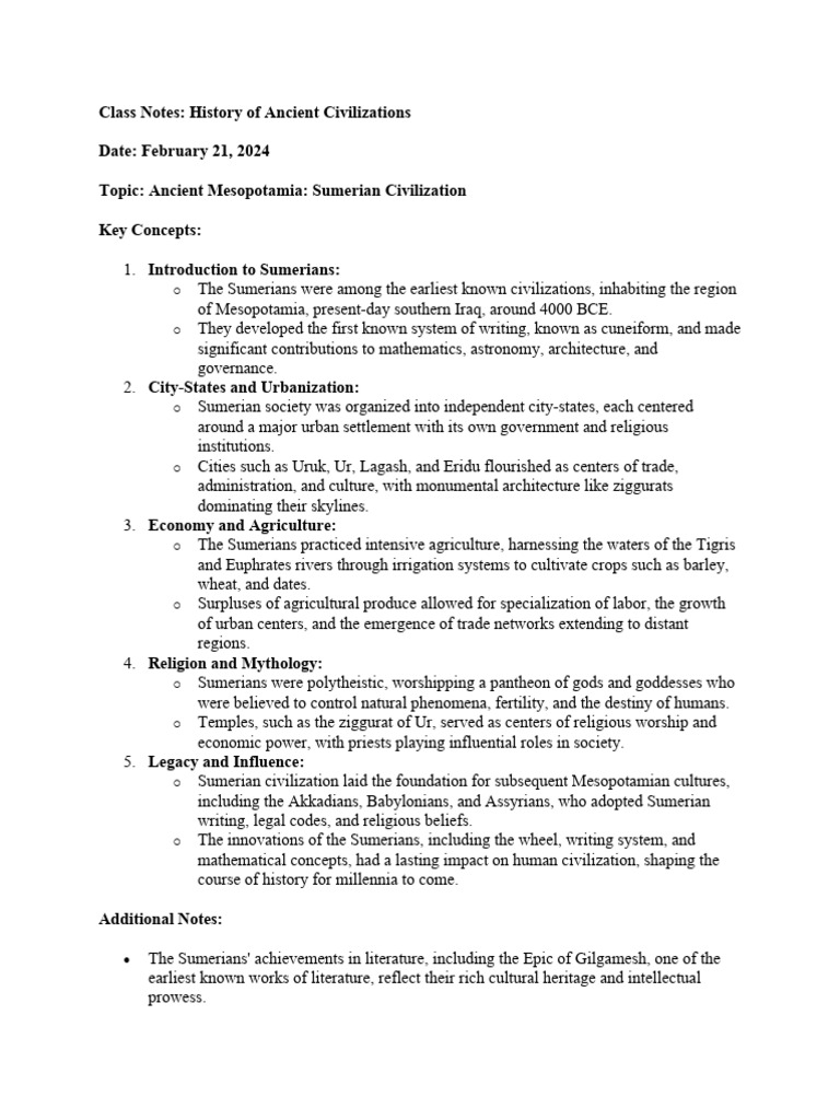 History of Ancient Civilizations Class Notes | PDF | Sumer | Mesopotamia