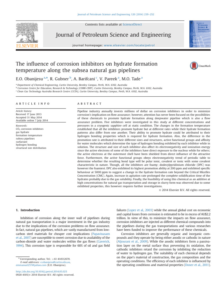 The Influence of Corrosion Inhibitors On Hydrate Formation Temperature Along The Subsea Natural ...