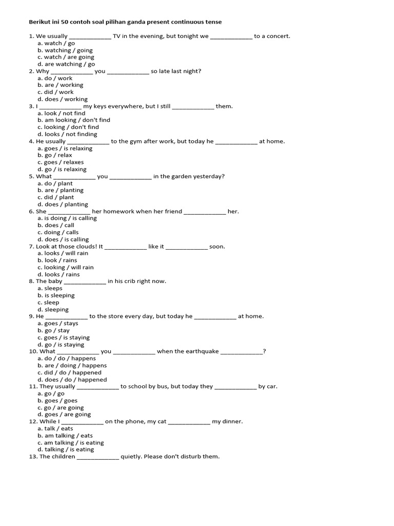 50 Contoh Soal Pilihan Ganda Simple Present, Continous and Pas Tense | PDF