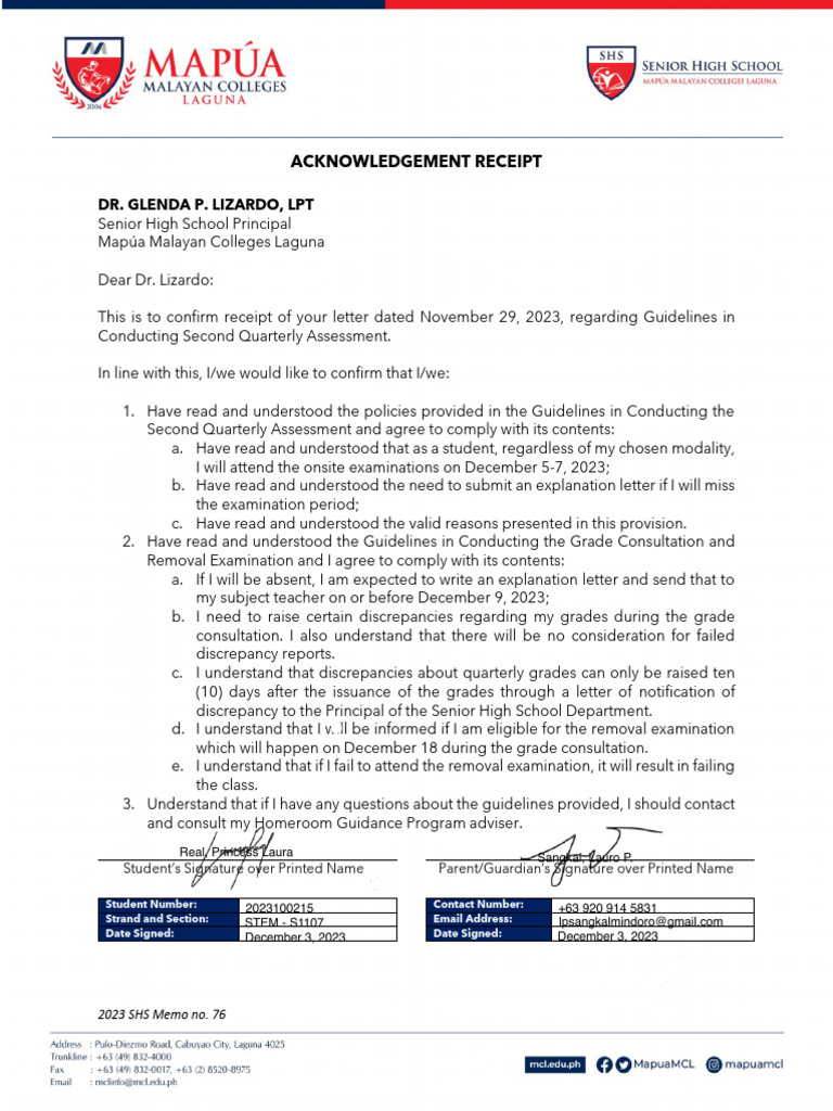 Acknowledgment Receipt for SHS Guidelines | PDF