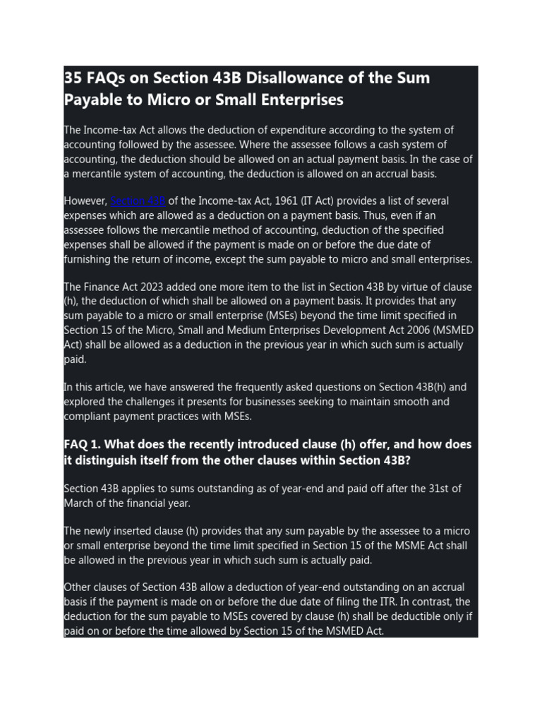 35 FAQs On Section 43B Disallowance of The Sum Payable To Micro or Small Enterprises | PDF | Tax ...