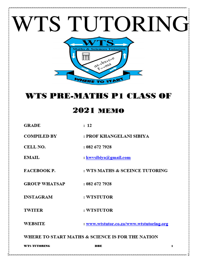 WTS 12 Pre-Maths P1 Class of 2021 Memo 2 | PDF | Home & Garden
