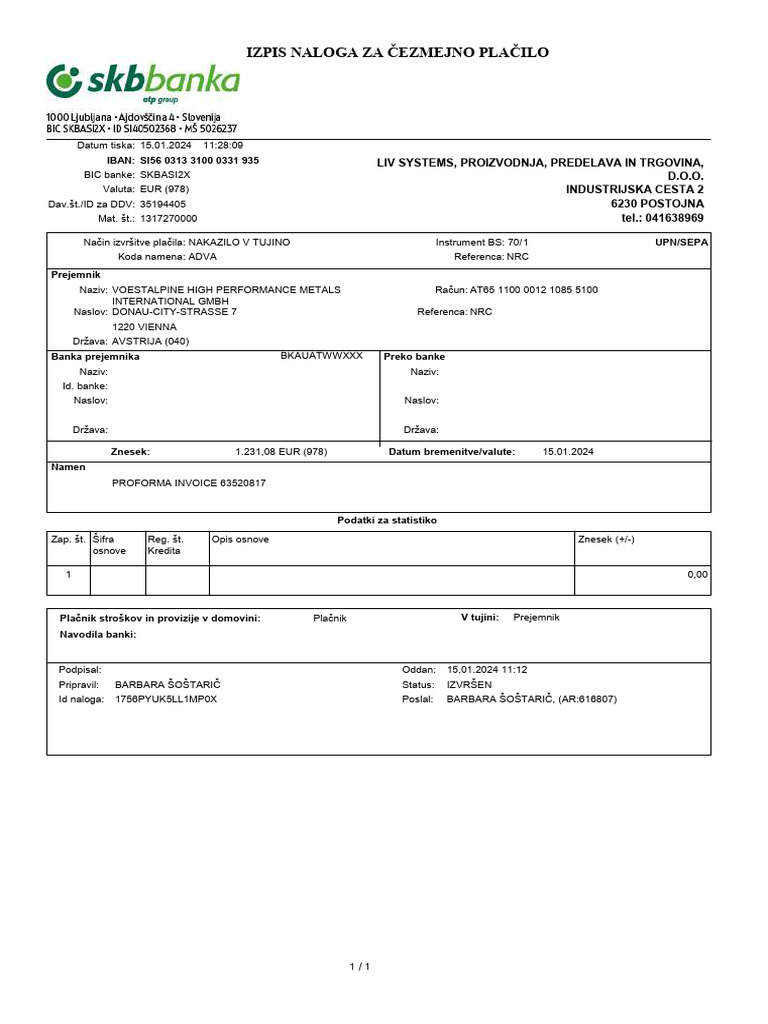 VOESTAPLINE GMBH - Potrdilo o Plačilu Prof - Inv.63520817 - 15.01.2024 ...