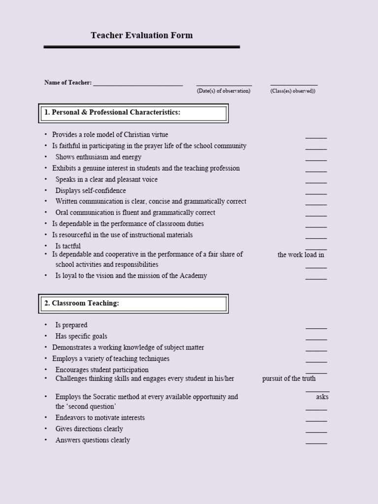 Teacher Evaluation Form 12 | PDF | Teachers | Teaching