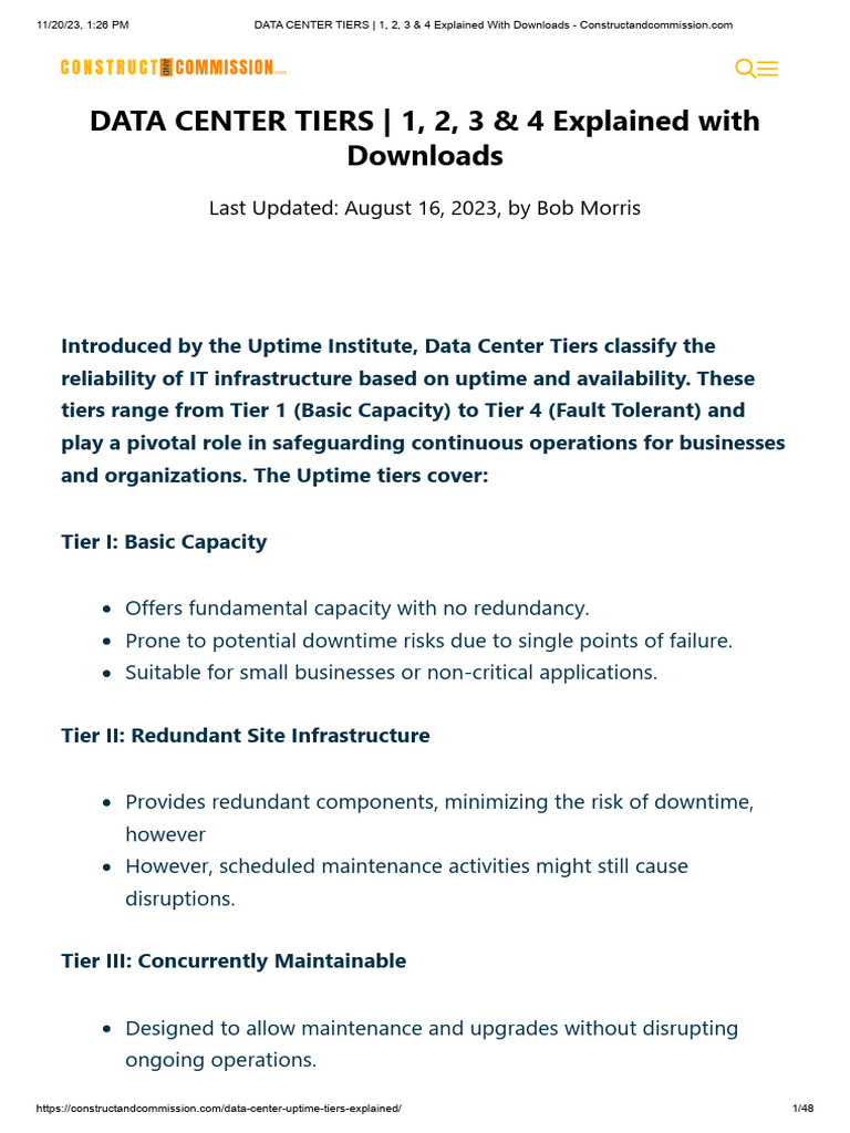 DATA CENTER TIERS - 1, 2, 3 & 4 Explained With Downloads | PDF | Data Center | Reliability ...
