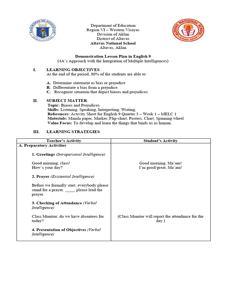 Bias and Prejudice Lesson Plan for Grade 9 | PDF | Bias | Prejudices