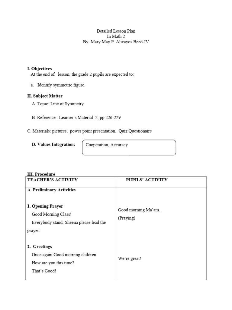Detailed Lesson Plan Math 2 | PDF | Symmetry | Cognition
