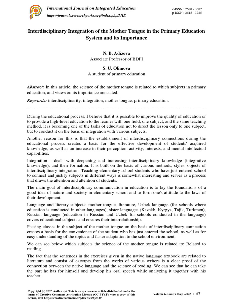 Interdisciplinary Integration of The Mother Tongue in The Primary ...