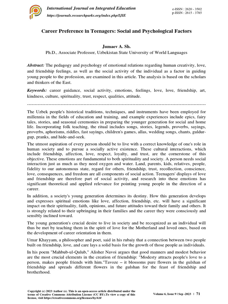 Career Preference in Teenagers: Social and Psychological Factors | PDF ...