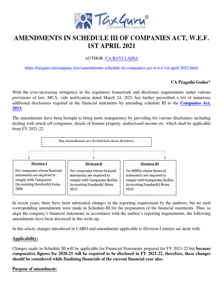 Amendments in Schedule III of Companies Act, W.E.F. 1st April 2021 ...