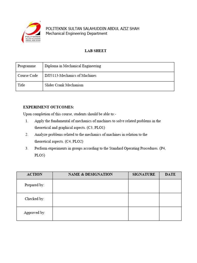DJJ40163 LABSHEET Slider Crank Mechanism | PDF | Kinematics | Machines