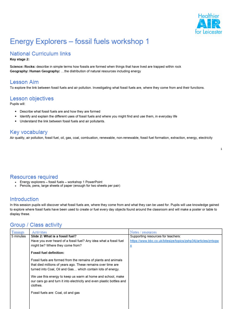 Energy Explorers Fossil Fuels Workshop 1 Lesson Plan | Download Free ...