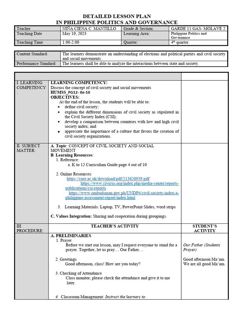 Detailed Lesson Plan For Philippines Politics and Governance | PDF ...