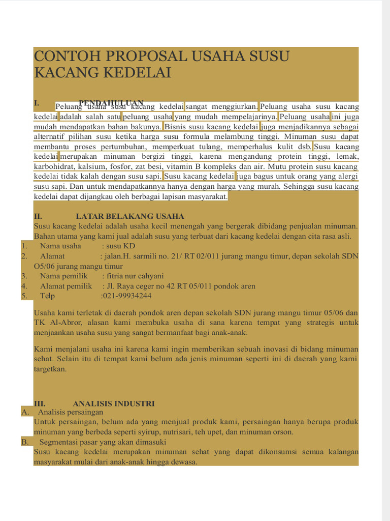 Proposal Usaha Susu Kacang Kedelai | PDF