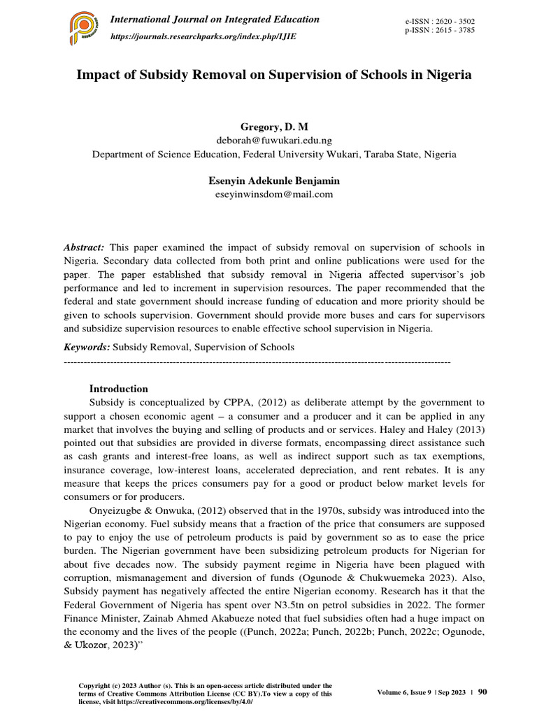 Impact of Subsidy Removal On Supervision of Schools in Nigeria | PDF | Teachers | Subsidy