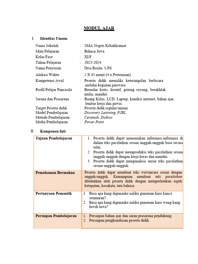 MODUL AJAR Pariwara | PDF | Karier & Perkembangan | Seni & Disiplin Bahasa