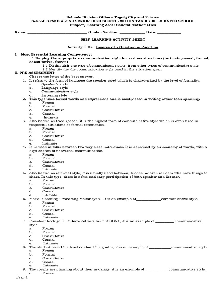 Sample Self Learning Activity Sheet | PDF | Communication | Nonverbal ... Sample Self Learning Activity Sheet | PDF | Communication | Nonverbal ...