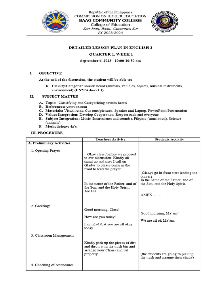 DETAILED LESSON PLAN IN ENGLISH 2 AutoRecovered | PDF | Sound | Lesson Plan